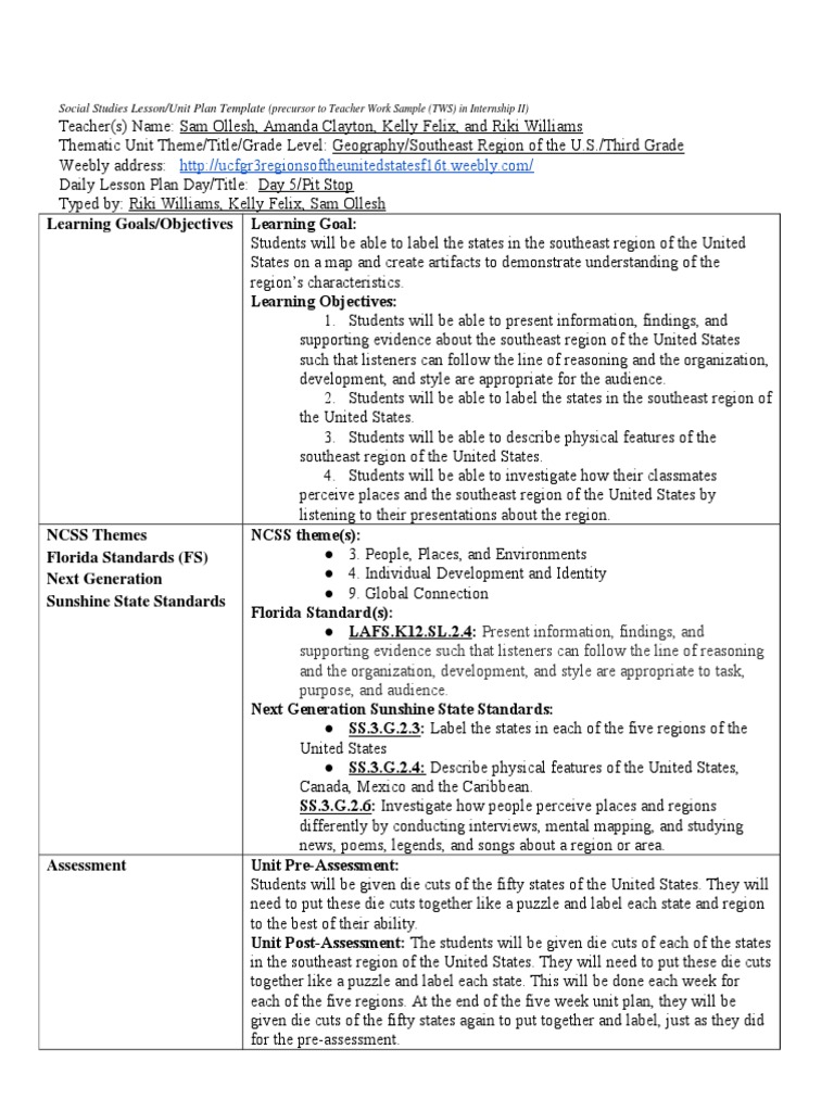 Social Studies Lesson/Unit Plan Template: (Precursor To Teacher Work ...