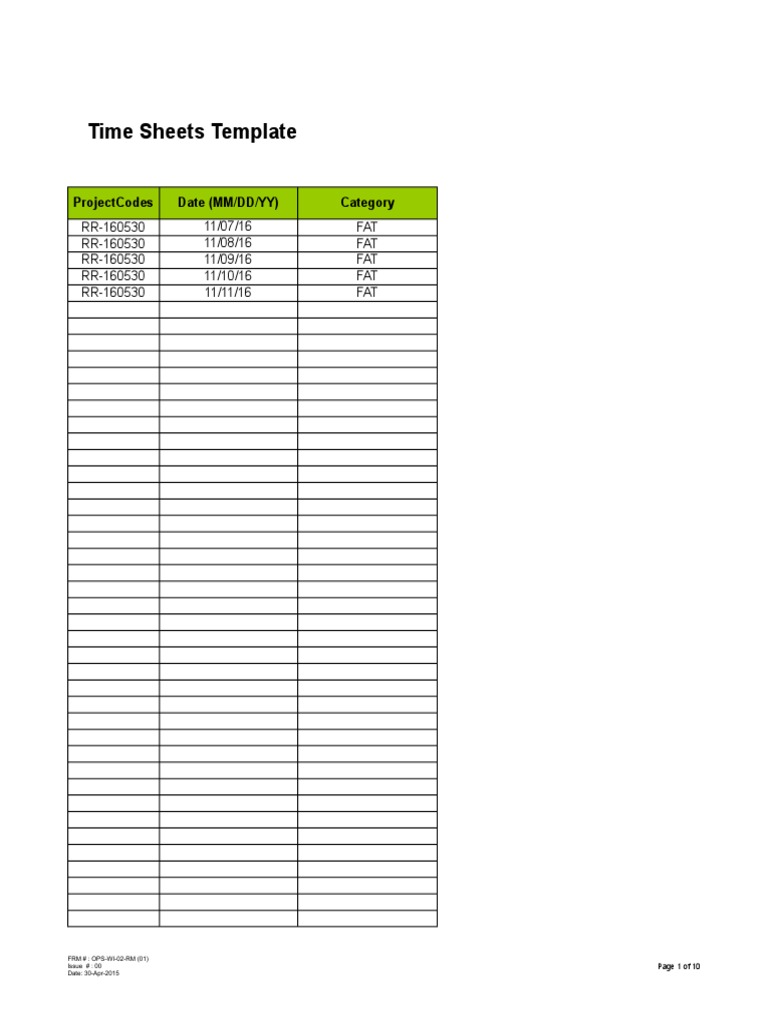 Time Sheets Template: Projectcodes Date (Mm/Dd/Yy) Category | PDF ...
