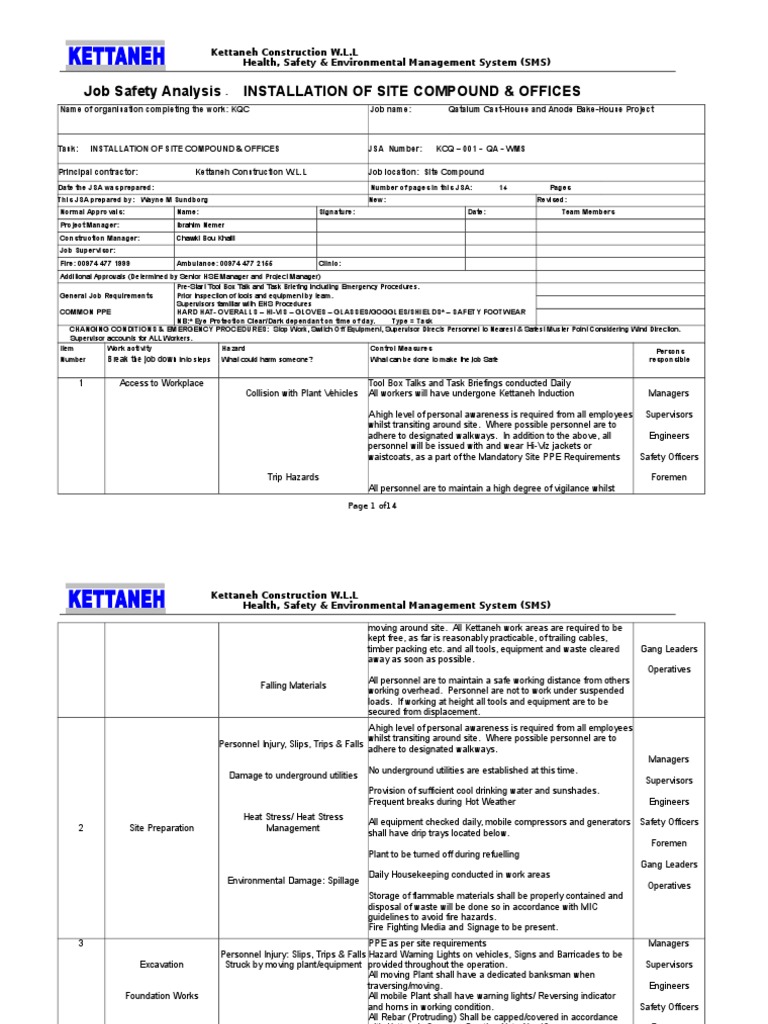 001 JSA Site Compound | PDF | Personal Protective Equipment | Safety