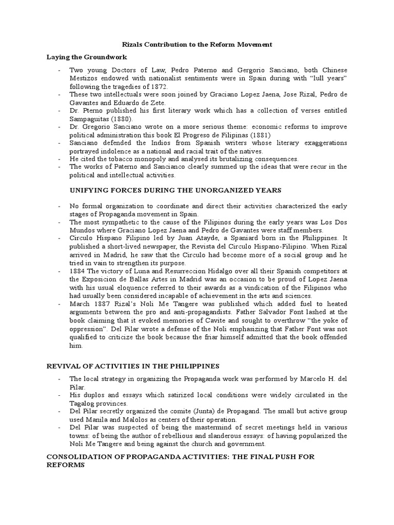Rizal's Role in the Philippine Reform Movement | PDF | Philippines