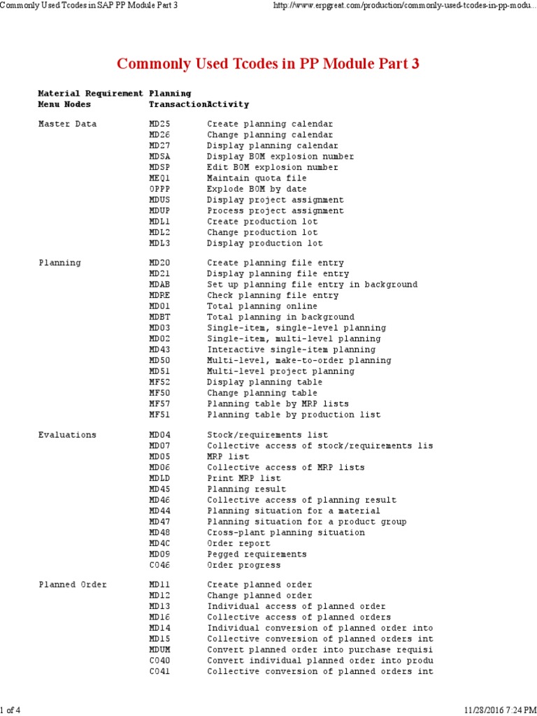 Commonly Used Tcodes in SAP PP Module Part 3 PDF | PDF | Computers
