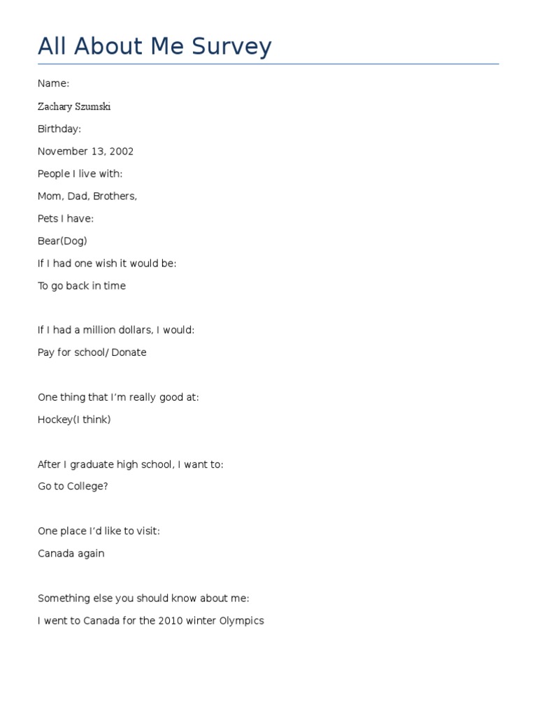 All About Me Survey For Home Page | PDF