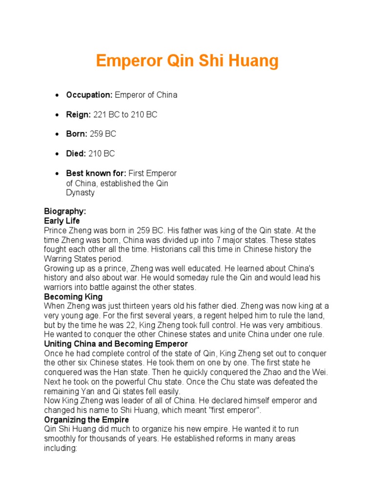 China Emperor Qin Shi Huang | PDF | History Of China | Asian Royal Families