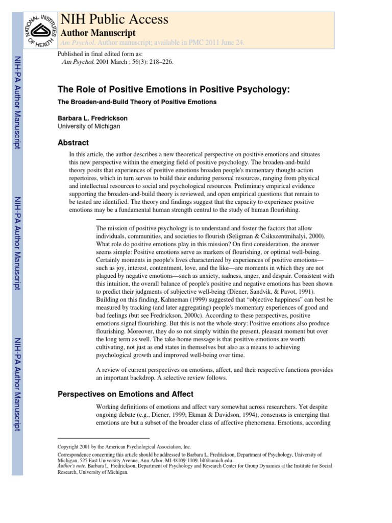 The Role of Positive Emotions in Positive Psychology, Fredrickson PDF ...