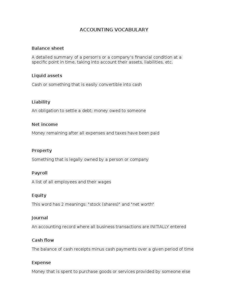 Accounting Vocabulary: Balance Sheet | PDF