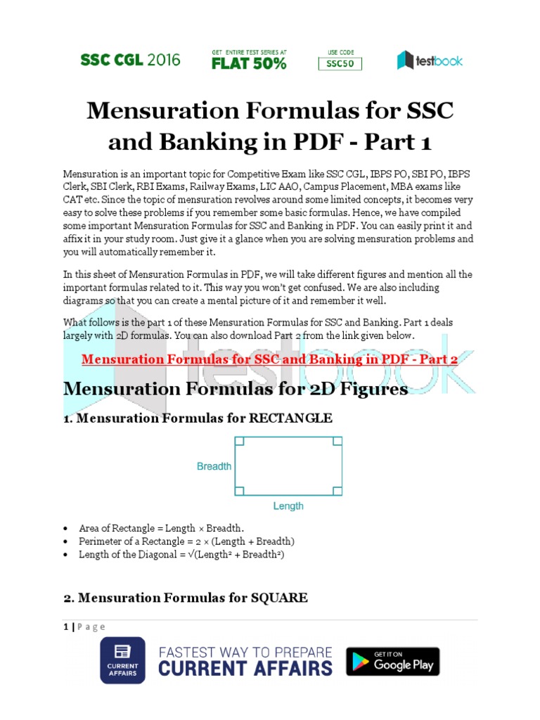 Mensuration Formulas for SSC & Banking | PDF | Area | Triangle