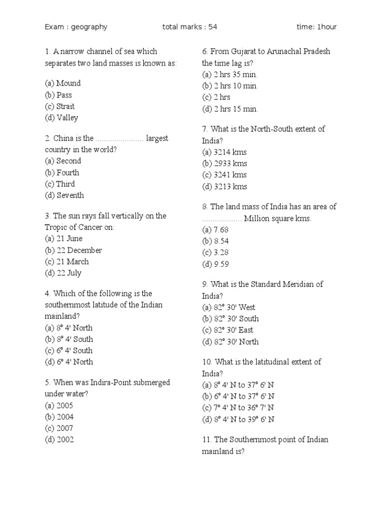 Assessing Geographic Knowledge: A 54 Question Exam Covering Key Topics ...