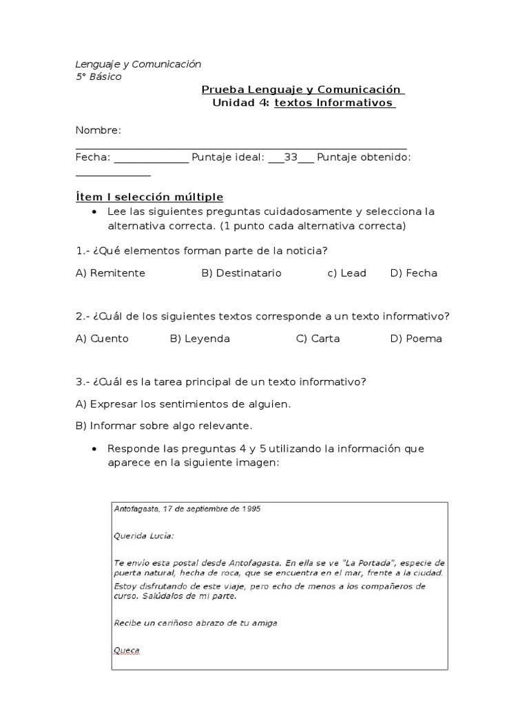 Prueba de Textos Informativos 5° Básico | PDF