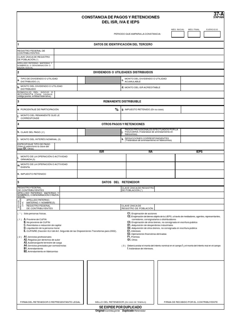 Forma 37 A Constancia de Pagos y Retenciones de Isr Iva e Ieps PDF ...