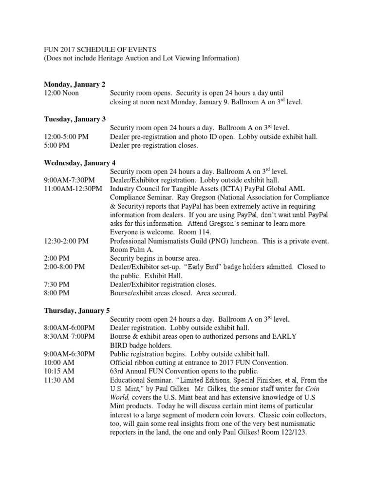 2017 FUN Schedule of Events | PDF | Numismatics | United States Mint