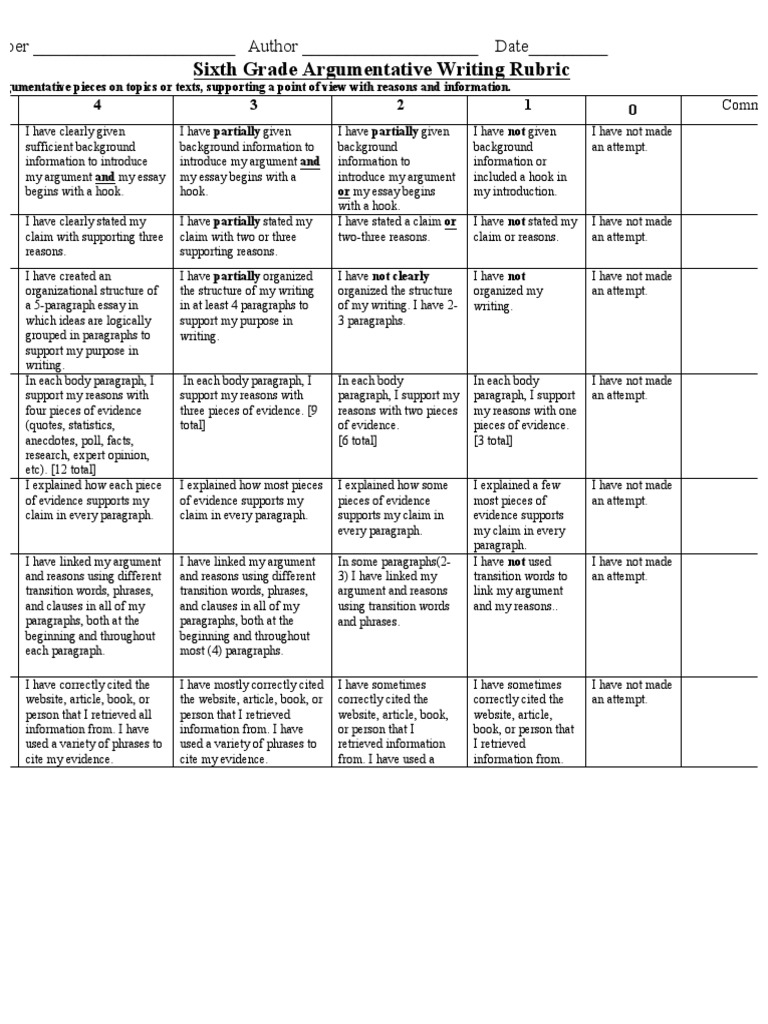 Sixth Grade Argumentative Writing Rubric: Comments | Download Free PDF ...