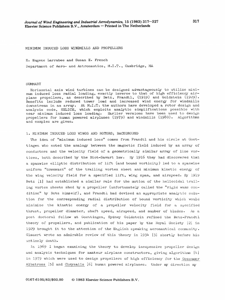 Minimum Induced Loss Windmills and Propellers Larrabee 1983 | PDF ...