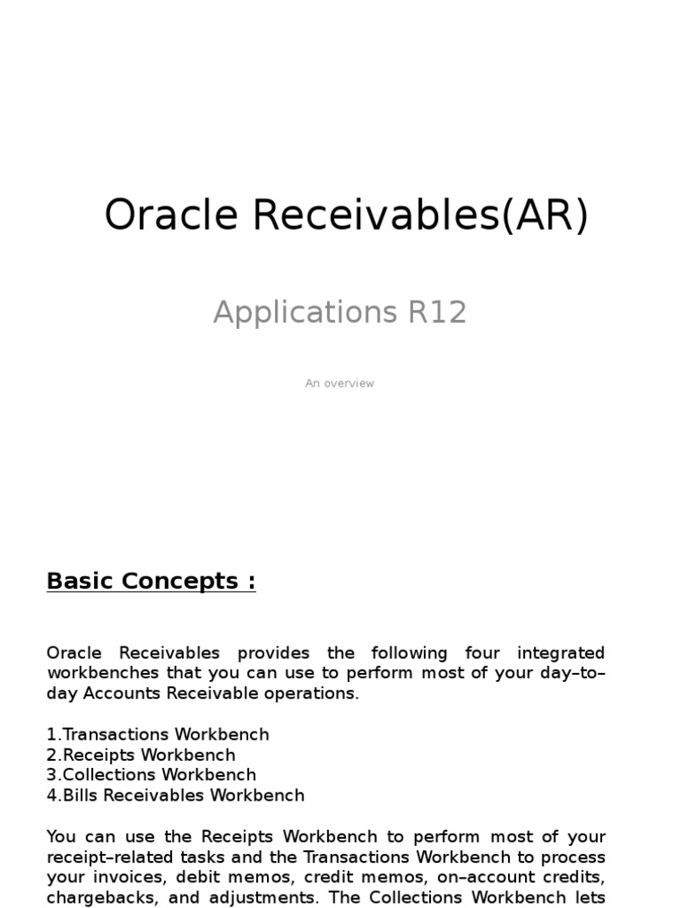 Oracle AR R12: Workbench Overview | PDF | Invoice | Financial Transaction