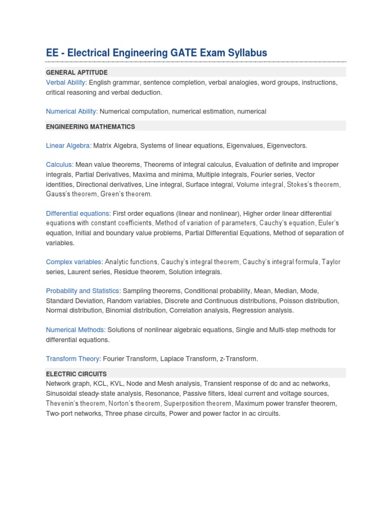 EE - Electrical Engineering GATE Exam Syllabus: Verbal Ability | PDF