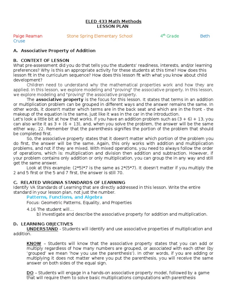 Associative Property Lesson Plan | PDF | Educational Assessment ...