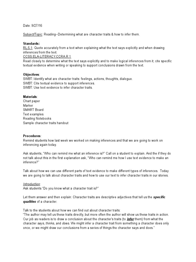 GR 5-Unit1lesson2inferencingwcharactertraits | PDF | Inference ...