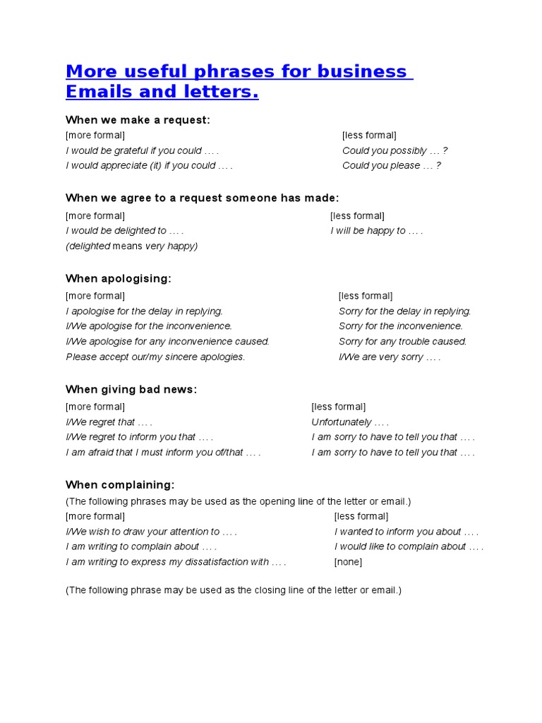 Essential Phrases for Business Emails | PDF | Career & Growth ...