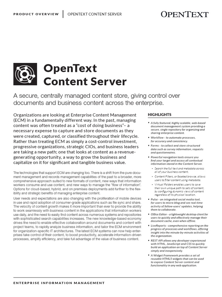 Opentext Enterprise Content Management Ecm Content Server Product ...
