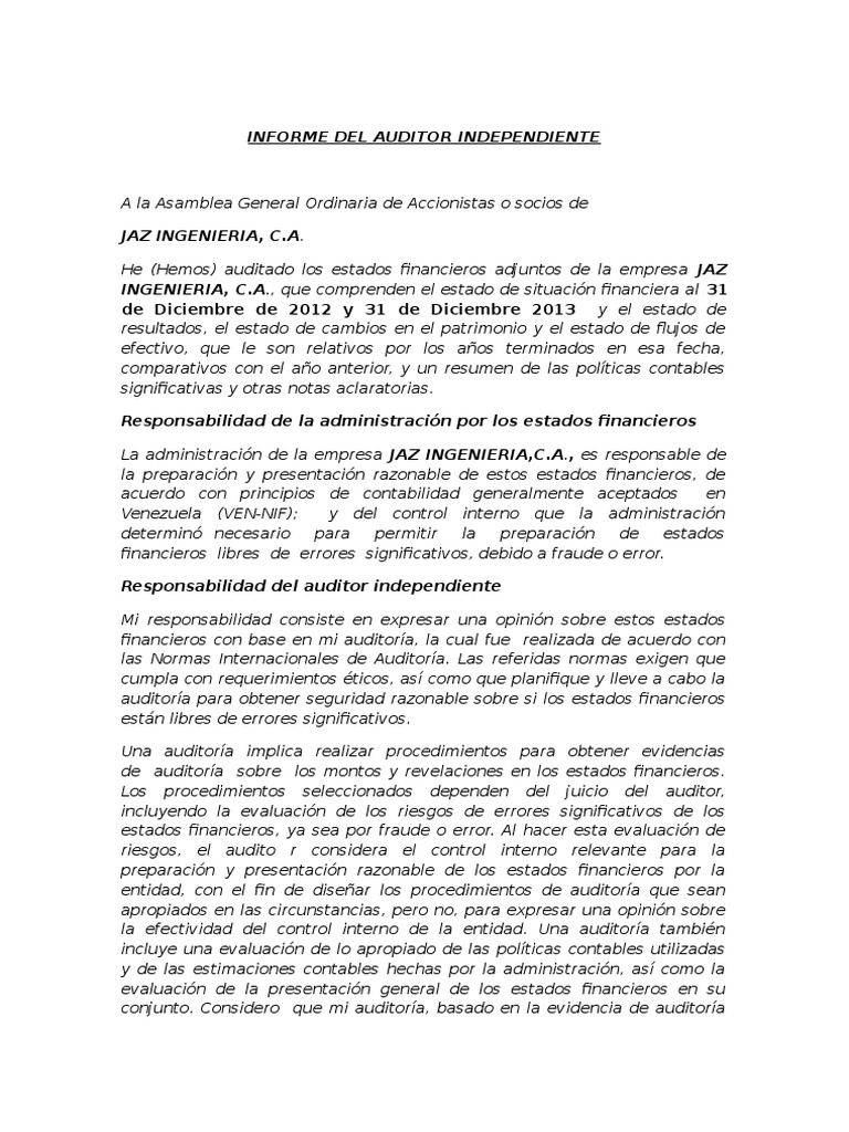 Informe Del Auditor Independiente | PDF | Auditoría financiera | Estado financiero