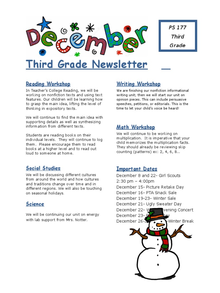 Third Grade Newsletter December | PDF