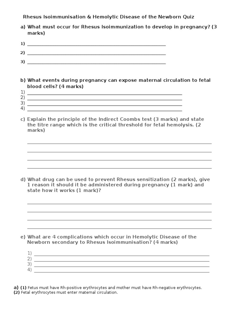 Rhesus Isoimmunisation & HDN Quiz | PDF