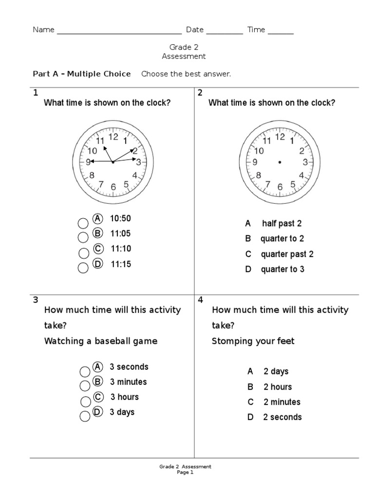 Grade 2 Time Assessment Worksheet | PDF
