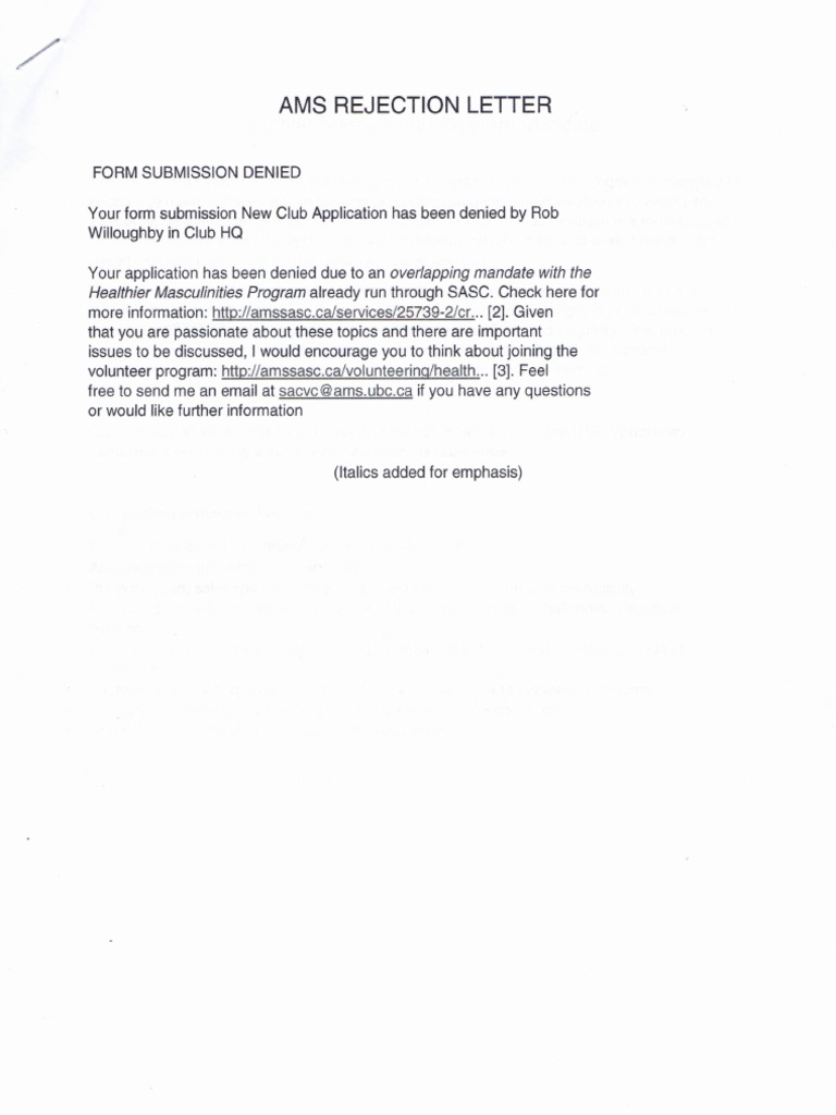 UBC AMS Rejection Letter For Men's and Boy's Advocacy Club | PDF