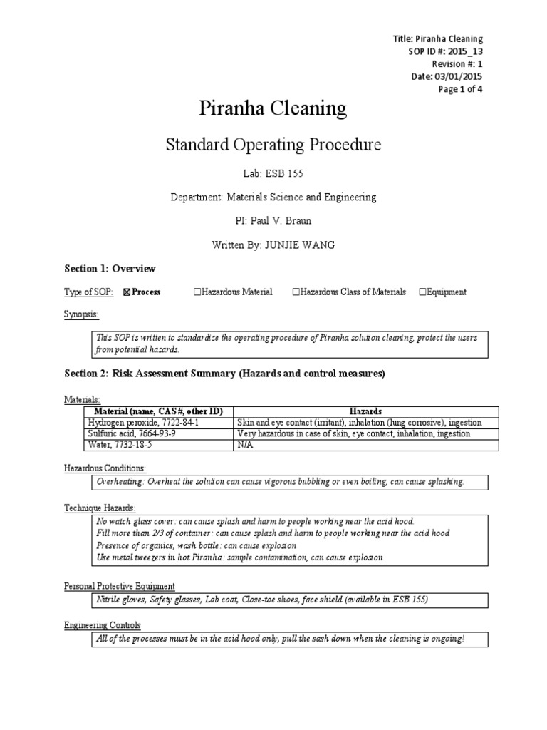 Piranha Cleaning: Standard Operating Procedure | PDF | Personal ...