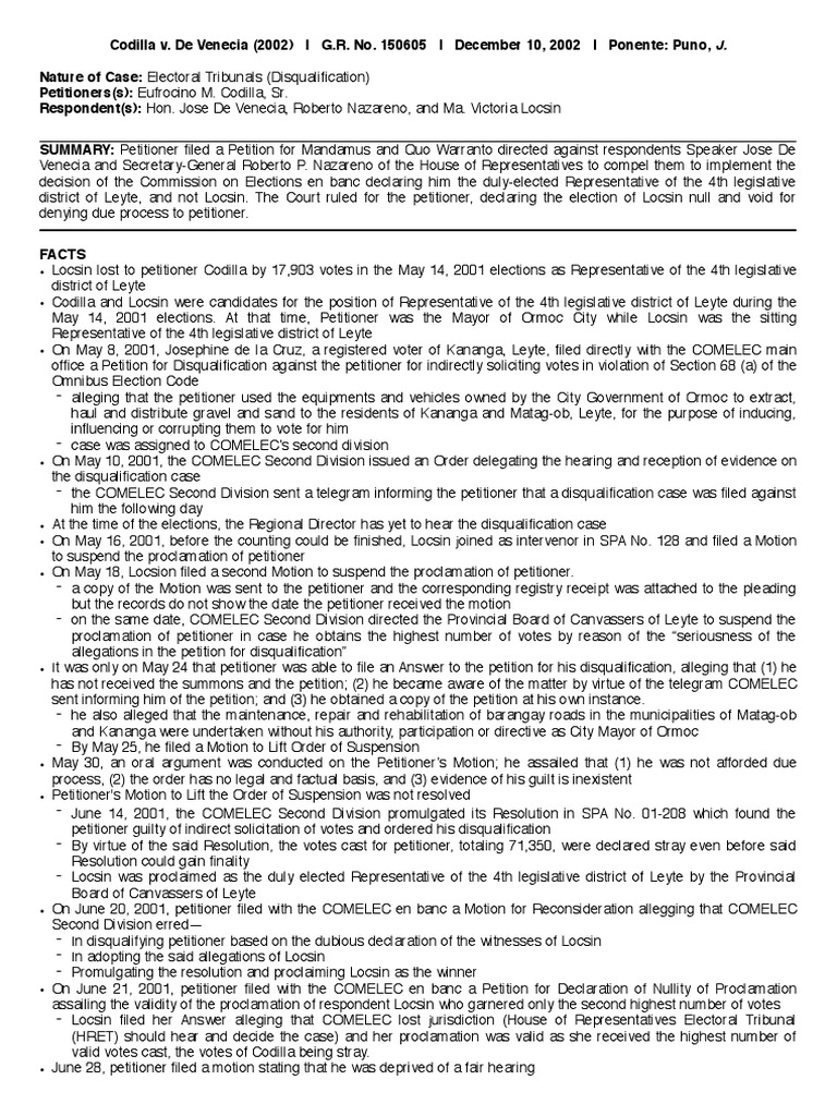 Codilla Vs de Venecia (2002) | PDF | Mandamus | Commission On Elections (Philippines)