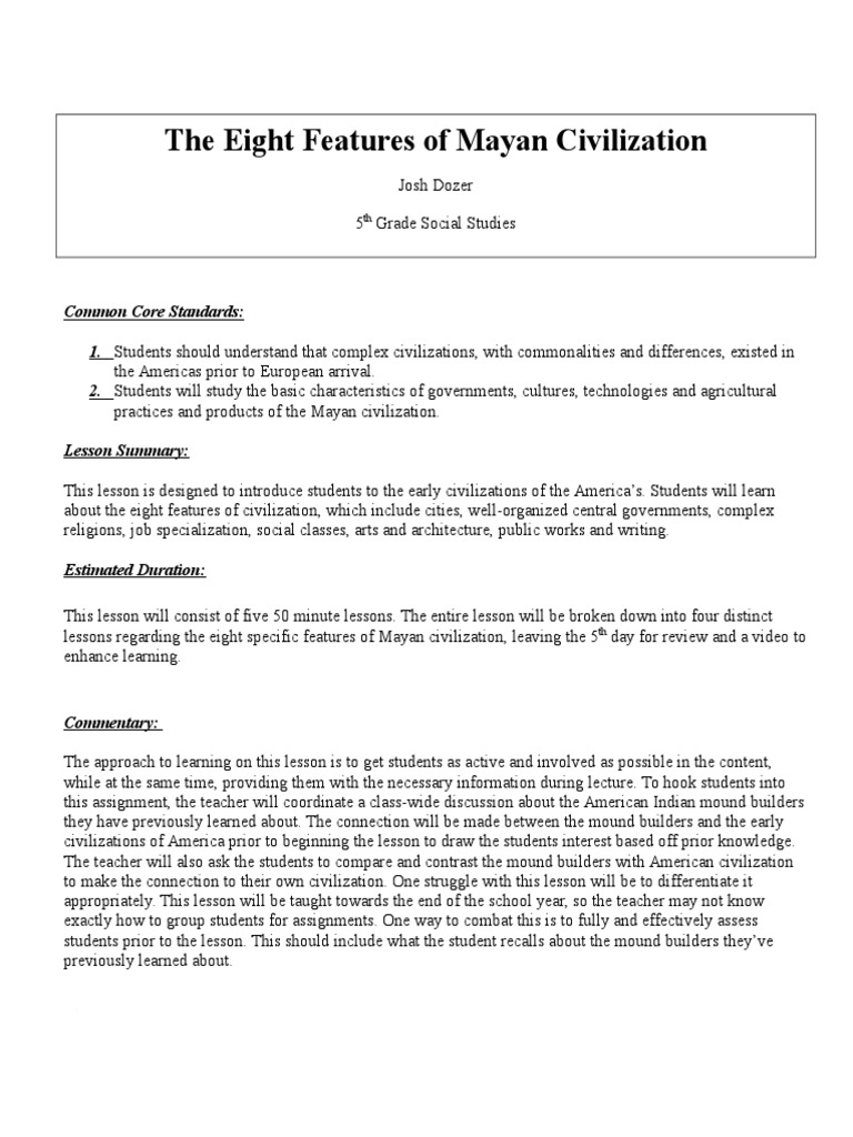 Mayan Civilization Features for 5th Grade | PDF | Homework | Civilization