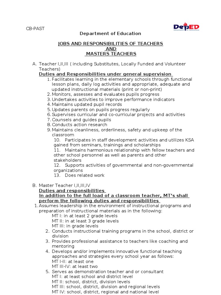 Duties and Responsibilities of Teachers and Master Teachers | PDF ...