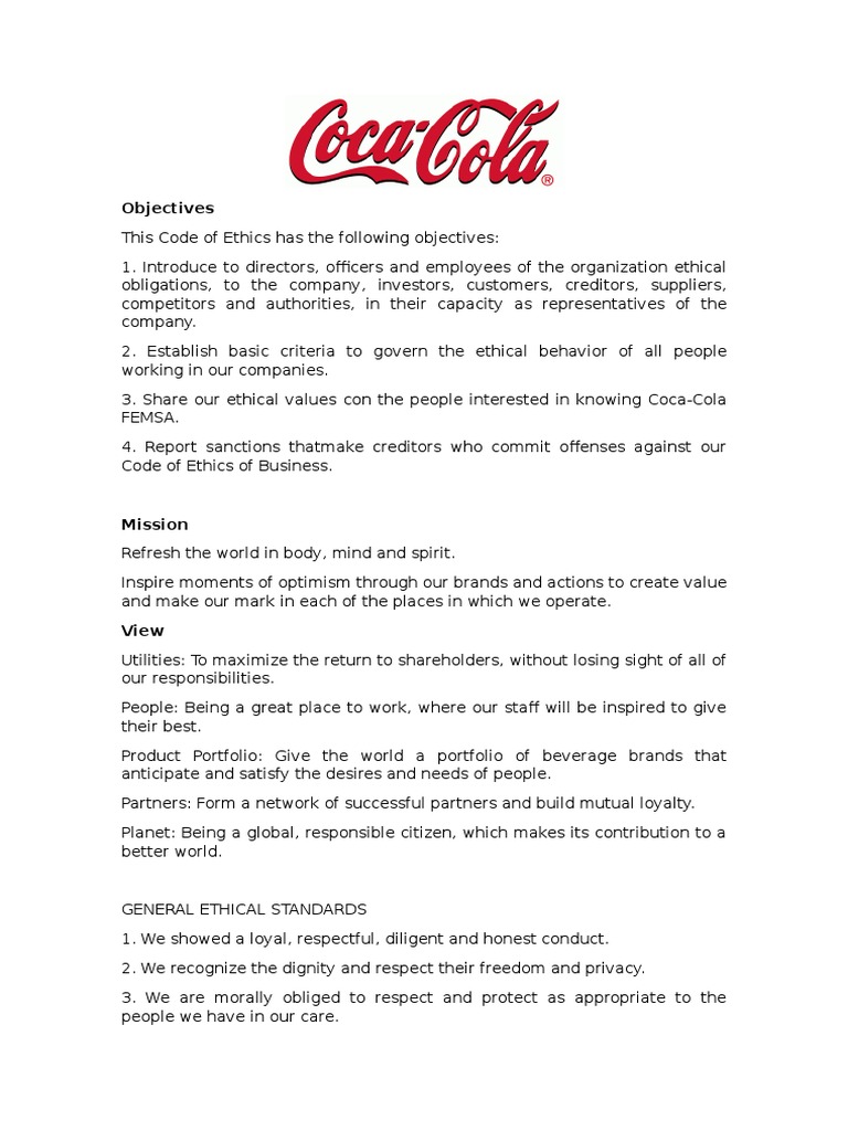 Code of Ethics and General Ethical Standards of Coca-Cola FEMSA | PDF ...