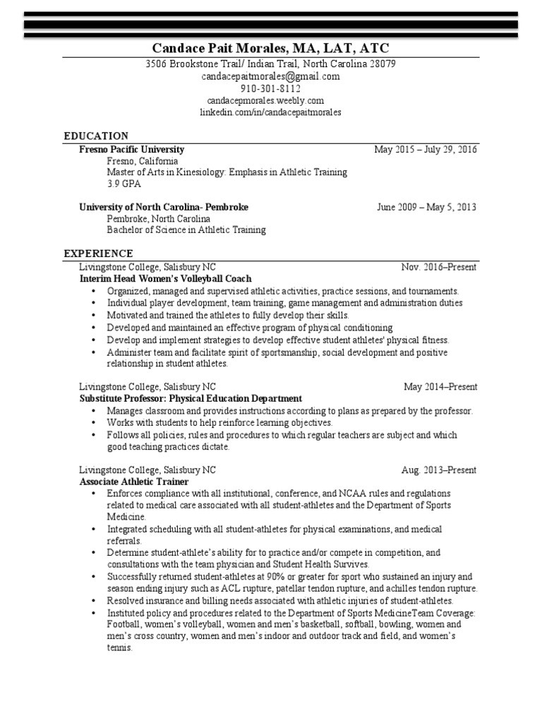 Candace Pait Morales Ma Lat Atc Resume | PDF | Health Care | Sports
