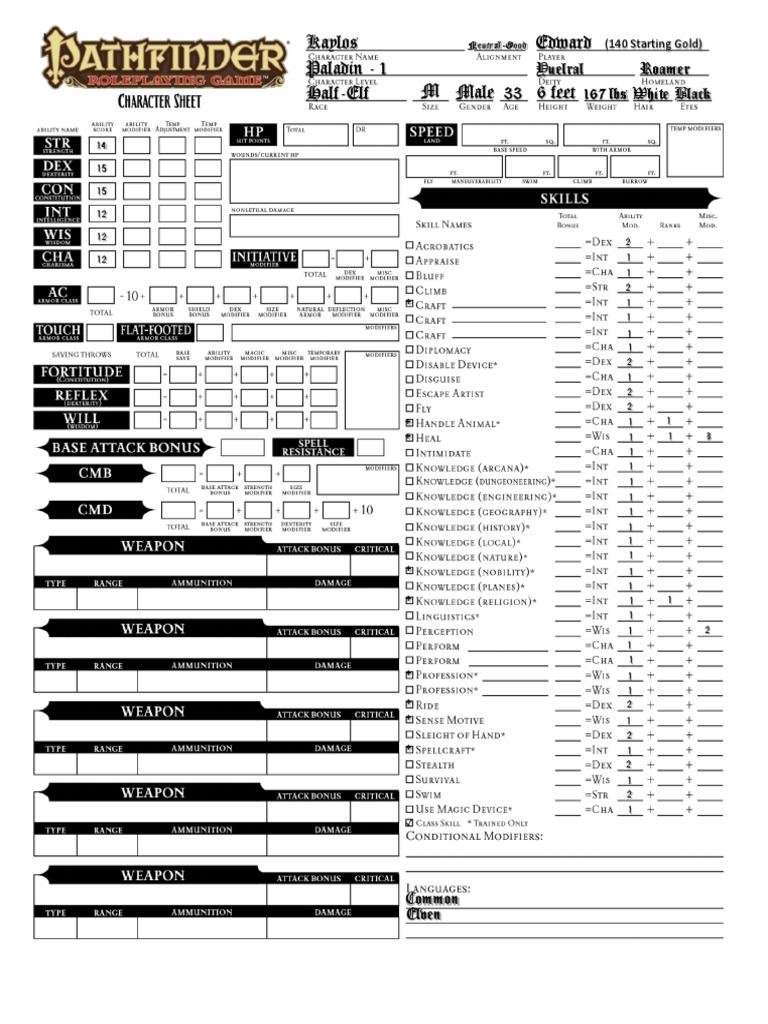 Half-Elf Paladin Character Sheet | PDF