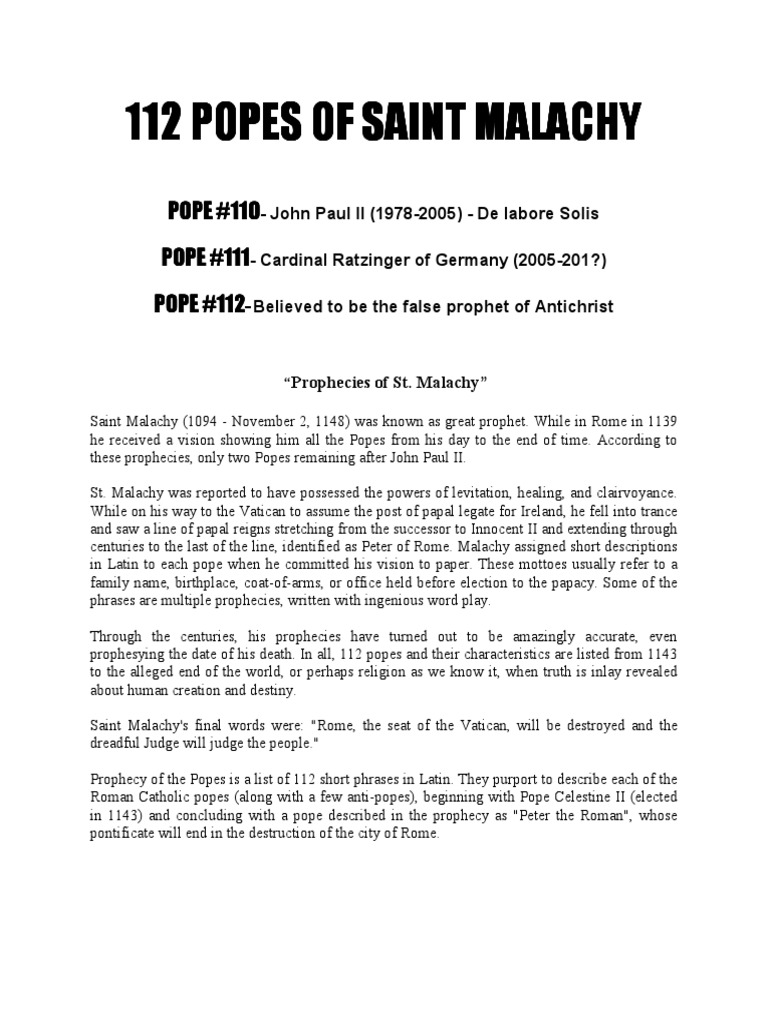 Malachy's Prophecies: An Analysis of the Final 10 Popes According to ...