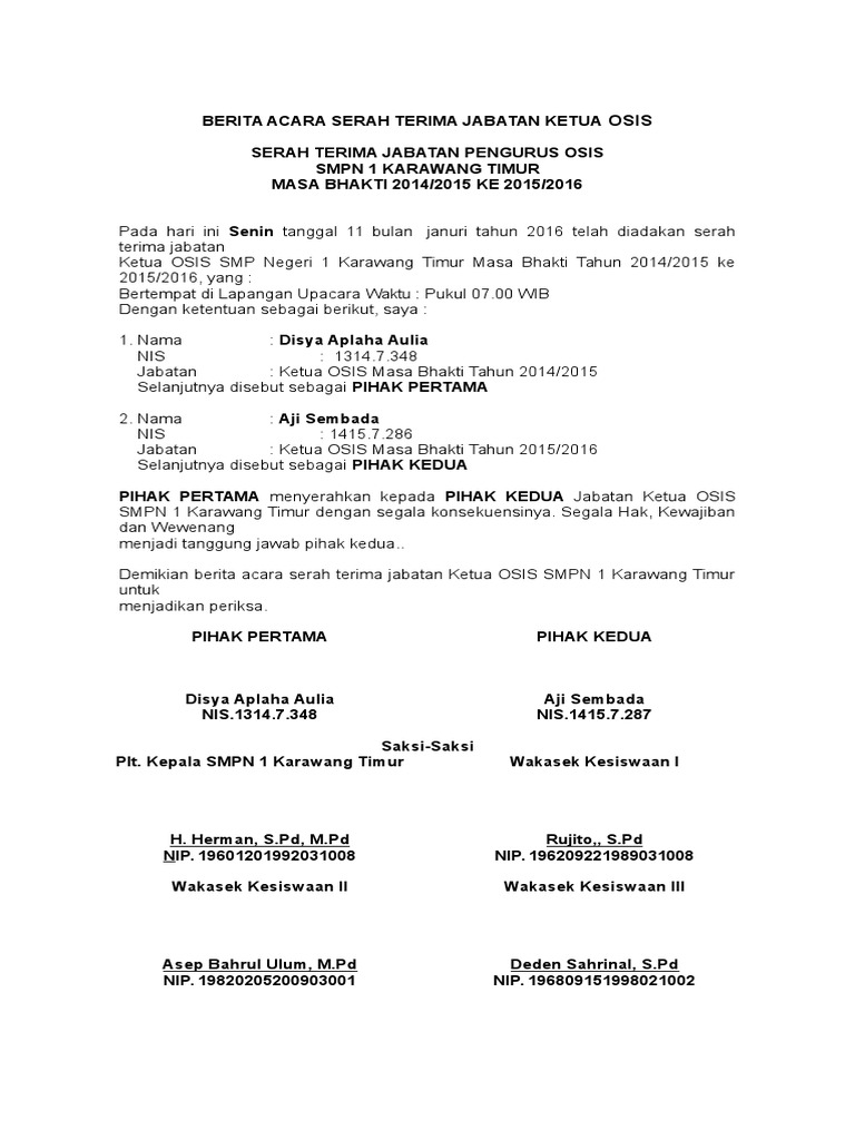 Berita Acara Serah Terima Jabatan Ketua OSIS