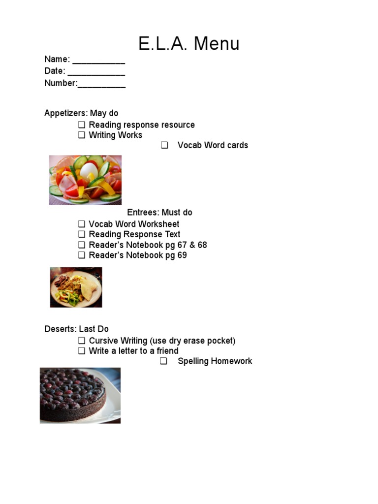 E.L.A. Menu for Student Assignments | PDF | Language Arts & Discipline