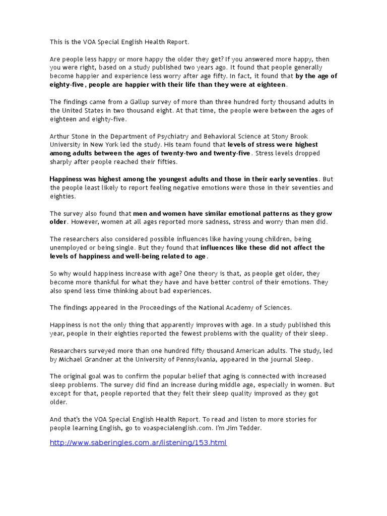 Reading Comprehension (VOA Report) | PDF | Happiness | Sleep