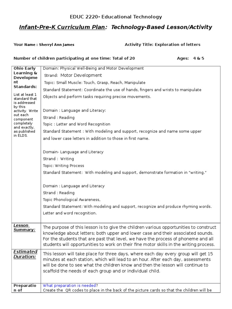Ed Tech ECDE Activity Plan SherrylAnn James | PDF | Phonics | Pedagogy