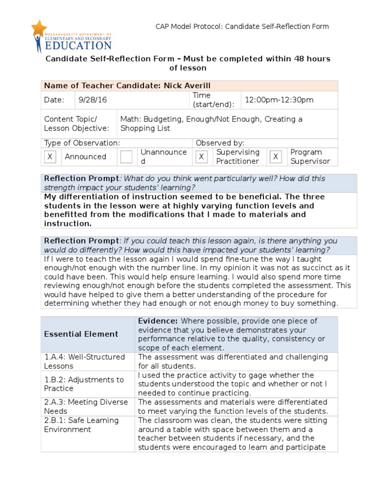 Self-Reflection Form Lesson 1 | PDF