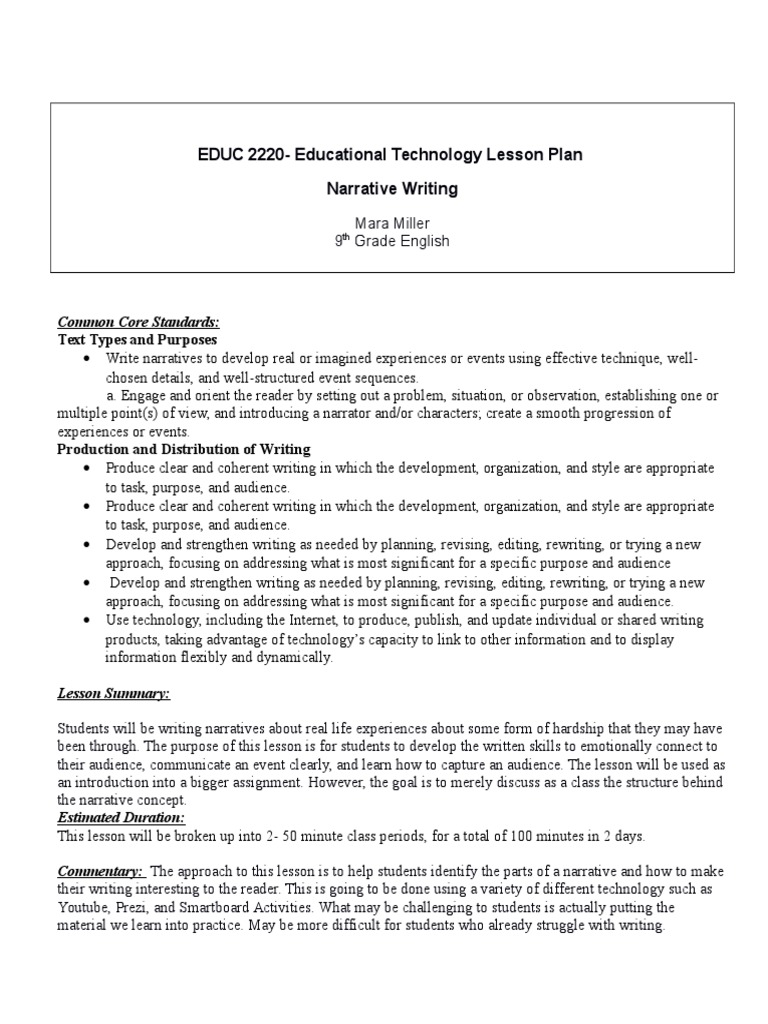 EDUC 2220-Educational Technology Lesson Plan Narrative Writing | PDF | Narrative | Storytelling