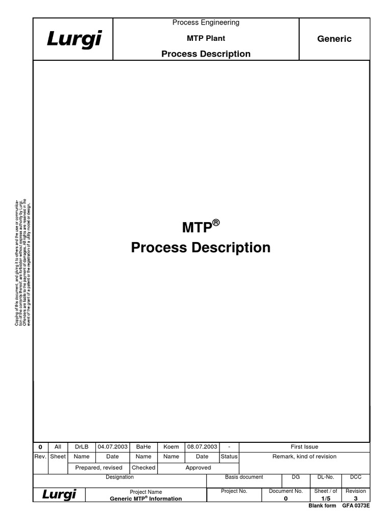 MTP Process Description | PDF | Methanol | Catalysis