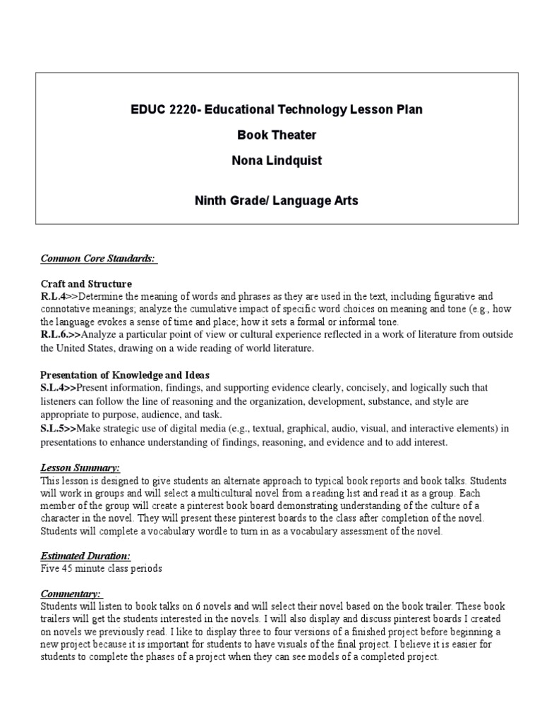 EDUC 2220-Educational Technology Lesson Plan Book Theater Nona ...