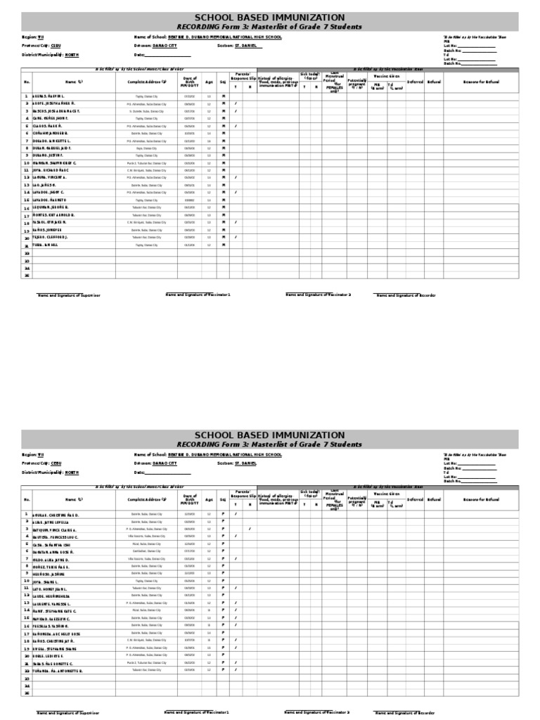 School Based Immunization: RECORDING Form 3: Masterlist of Grade 7 Students | PDF | Vaccines ...