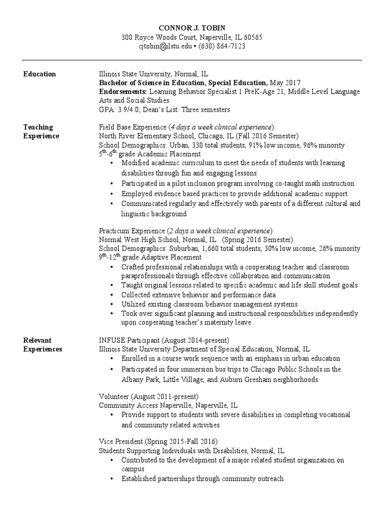 Connor Tobin Resume | PDF | Special Education | Teaching