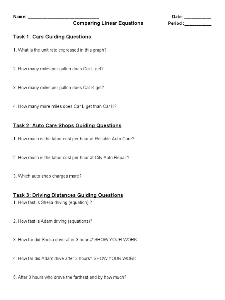 Comparing Linear Equations Task 1: Cars Guiding Questions | PDF