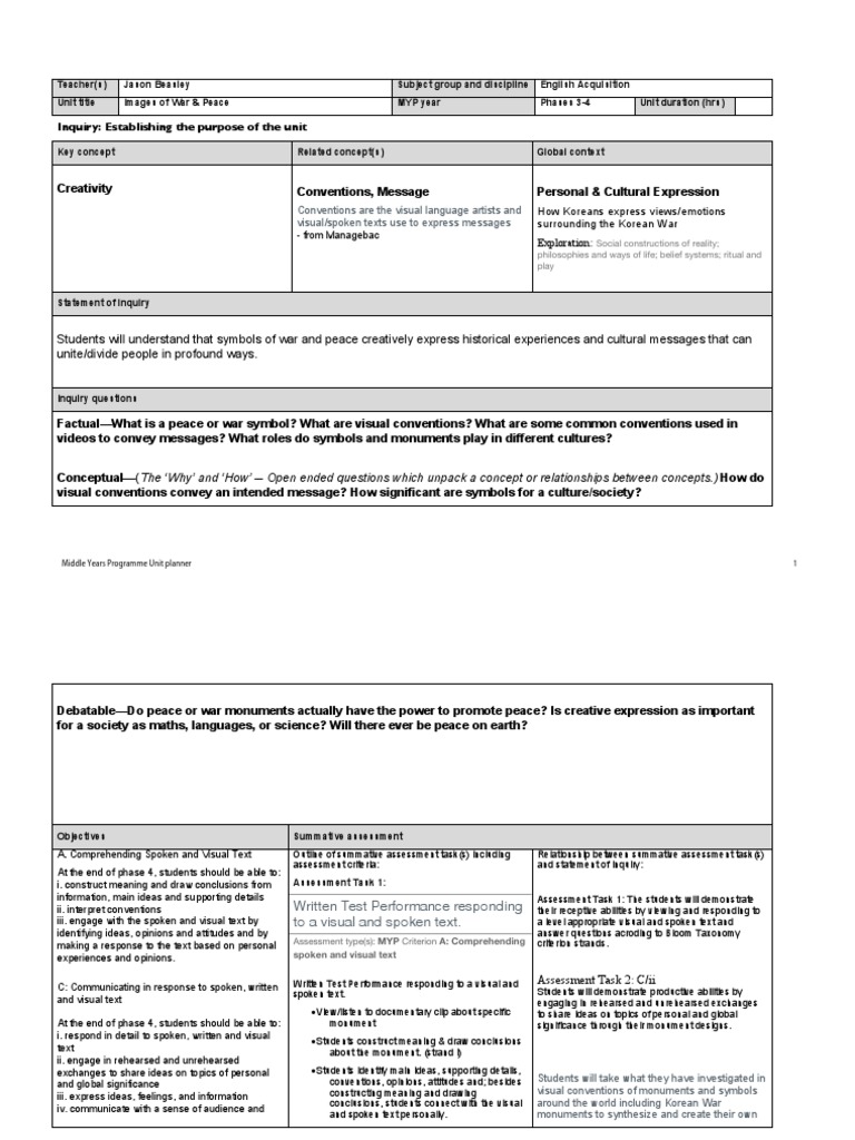 Sample Myp Ela Unit Plan | PDF | Educational Assessment | Concept
