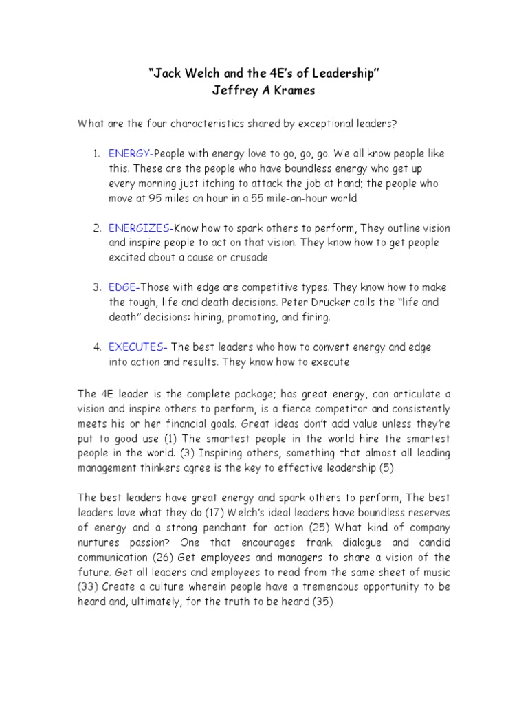 Jack Welch's 4E Leadership Model | PDF | Leadership | Labour