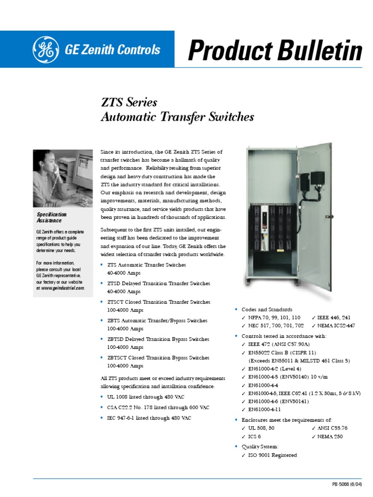 GE Zenith ZTS Series Automatic Transfer Switches | PDF | Switch | Relay
