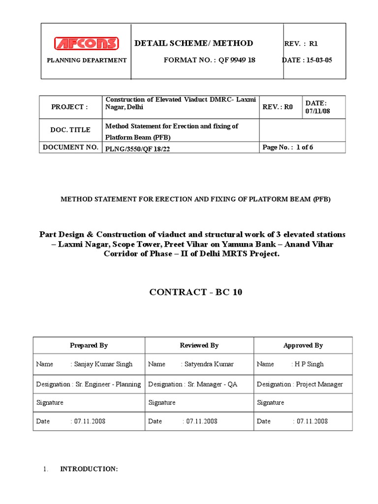 Detailed Method Statement For Erection of PFB | PDF | Crane (Machine) | Quality Assurance